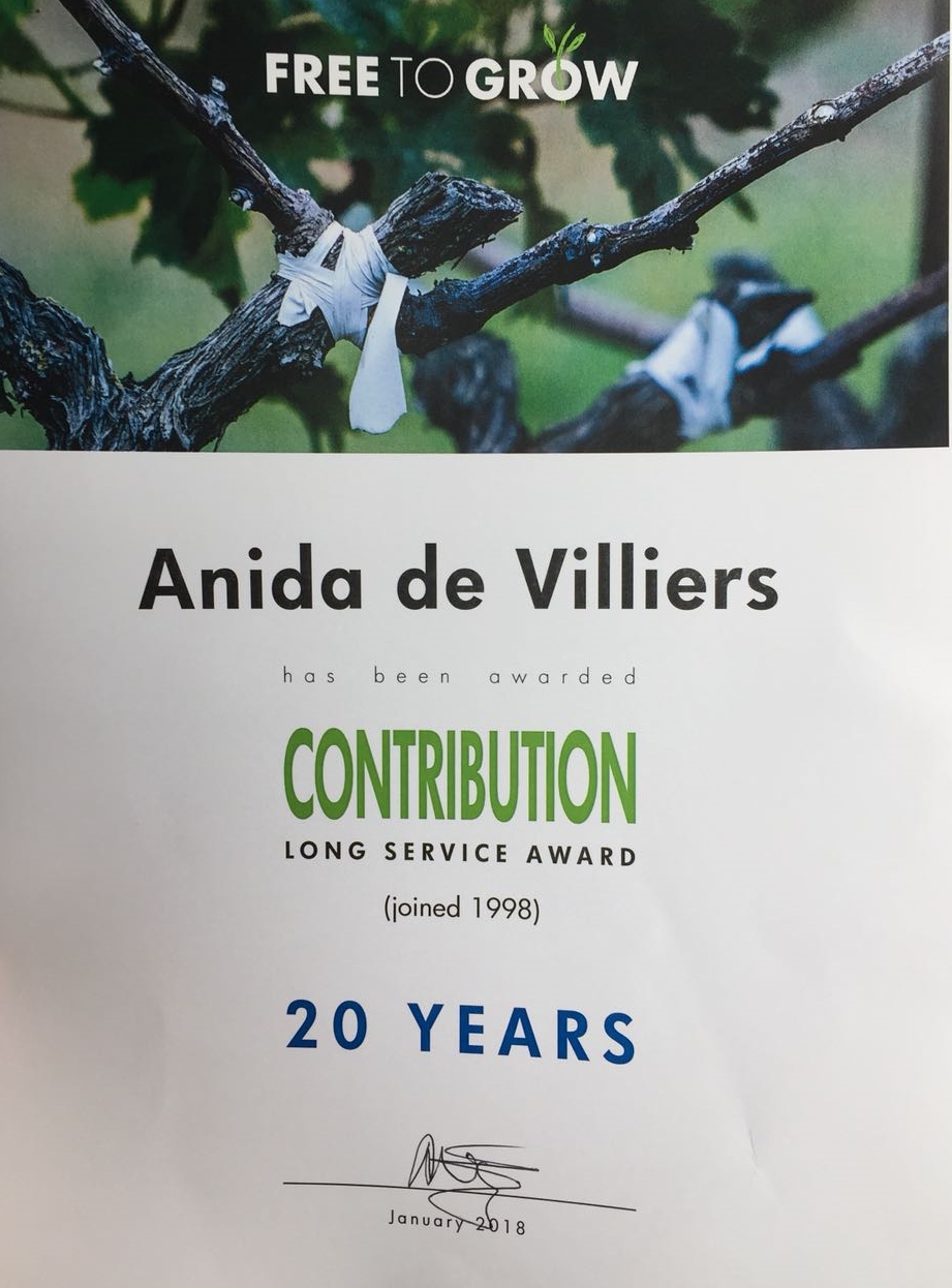 20 Jaar Diens Toekenning deur Free to Grow – Anida Training